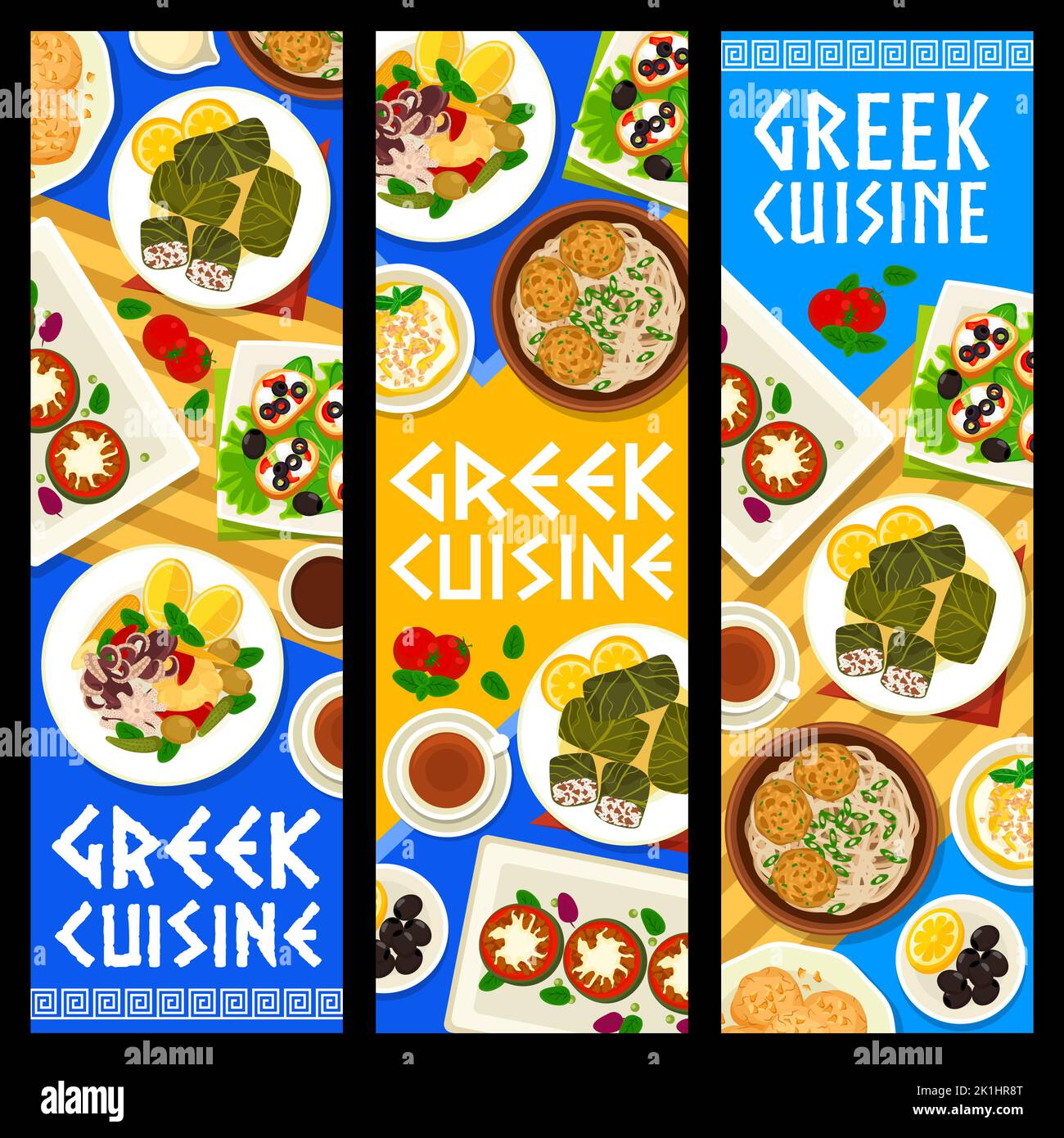 Greek cuisine vector banners. Yogurt honey dessert with walnuts ...