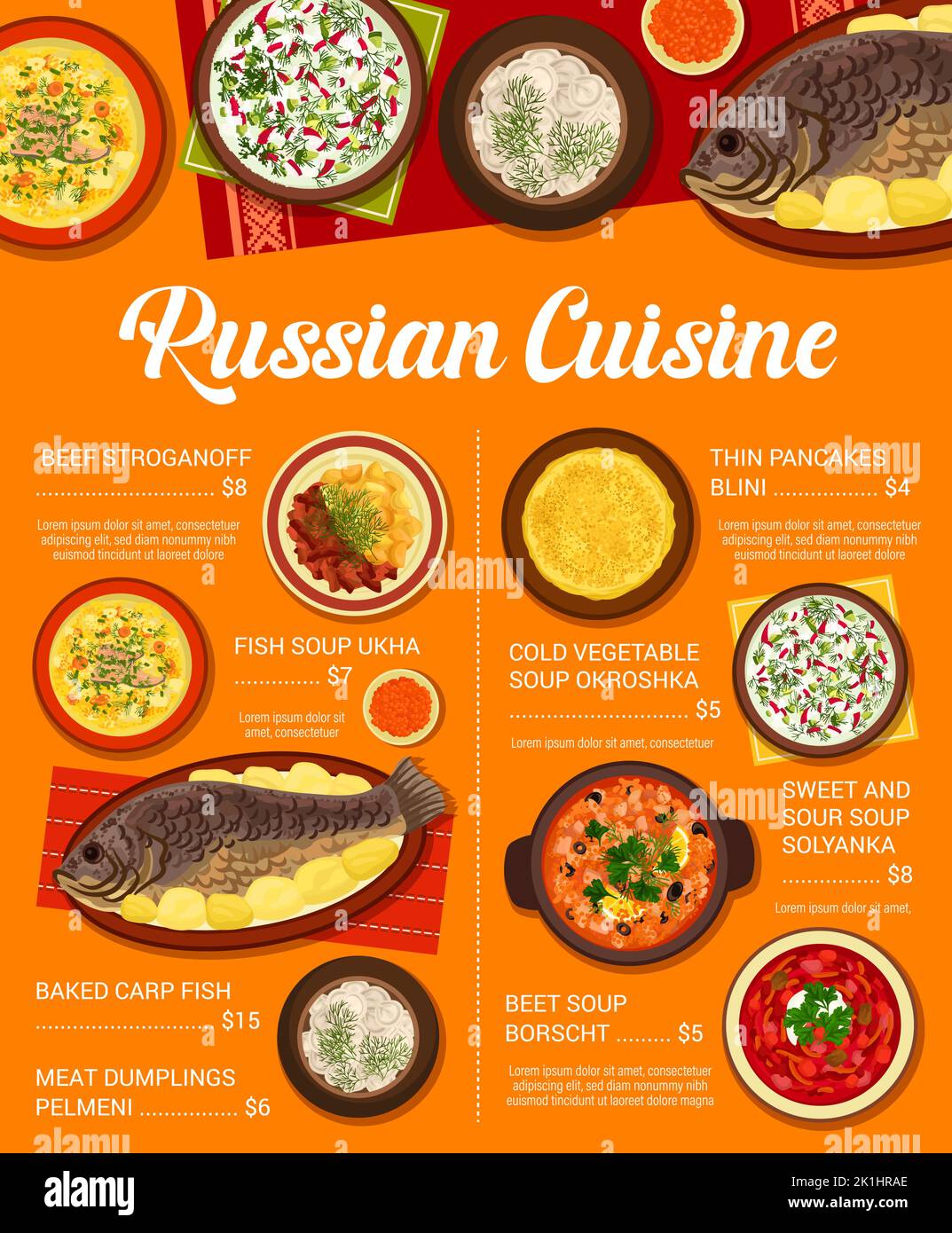 Russian cuisine menu with traditional food dishes and meals, vector ...