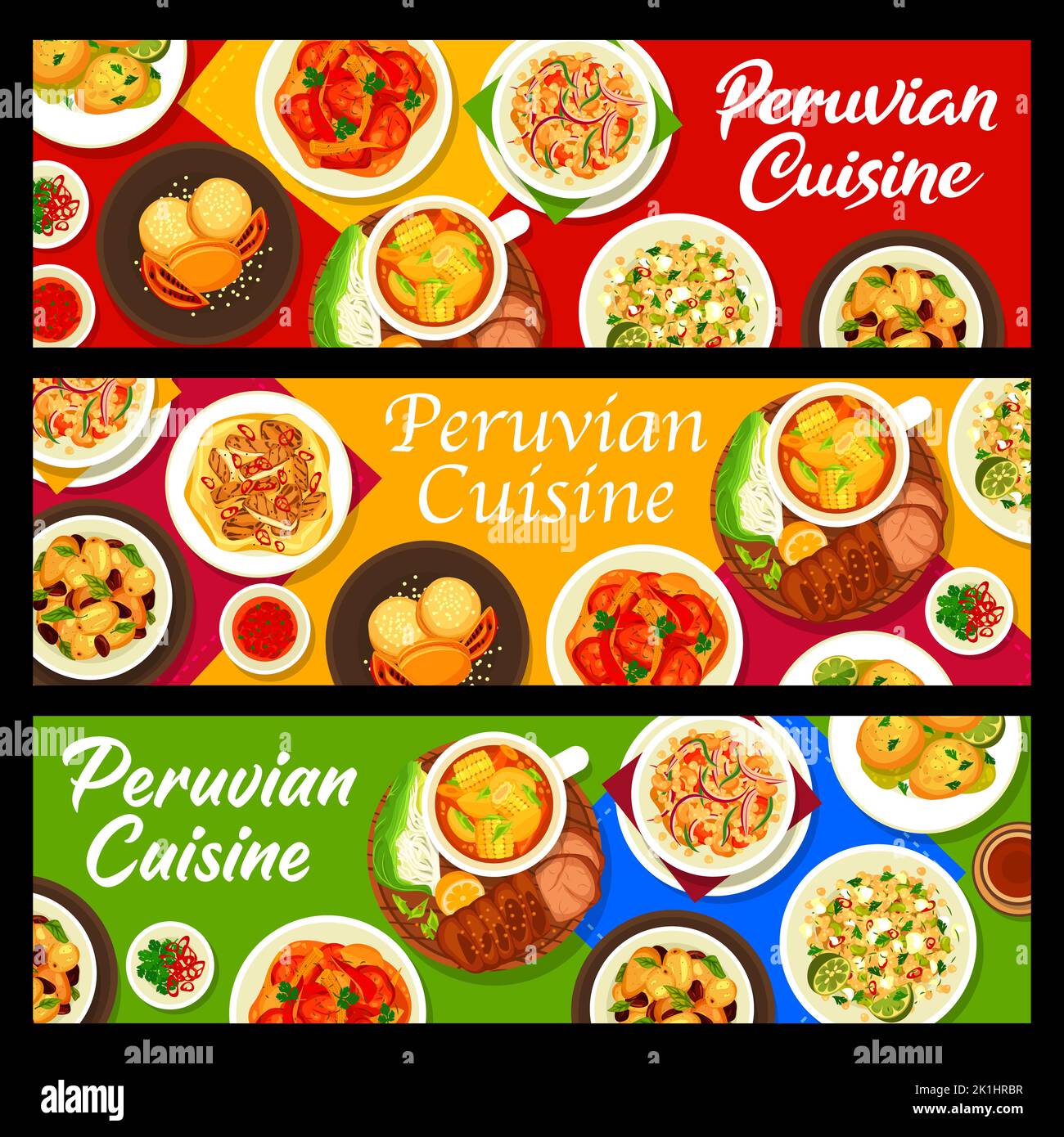 Peruvian cuisine meals banners. Potatoes with olives, quinoa feta salad ...