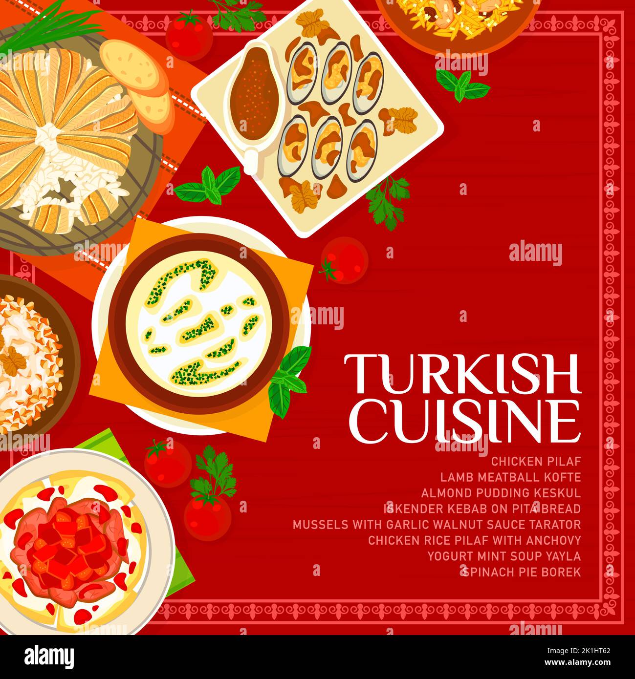 Turkish cuisine menu cover with dishes for lunch and dinner, vector ...