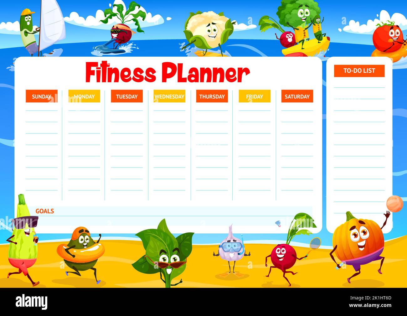 Weekly fitness planner agenda calendar schedule with cartoon vegetables ...
