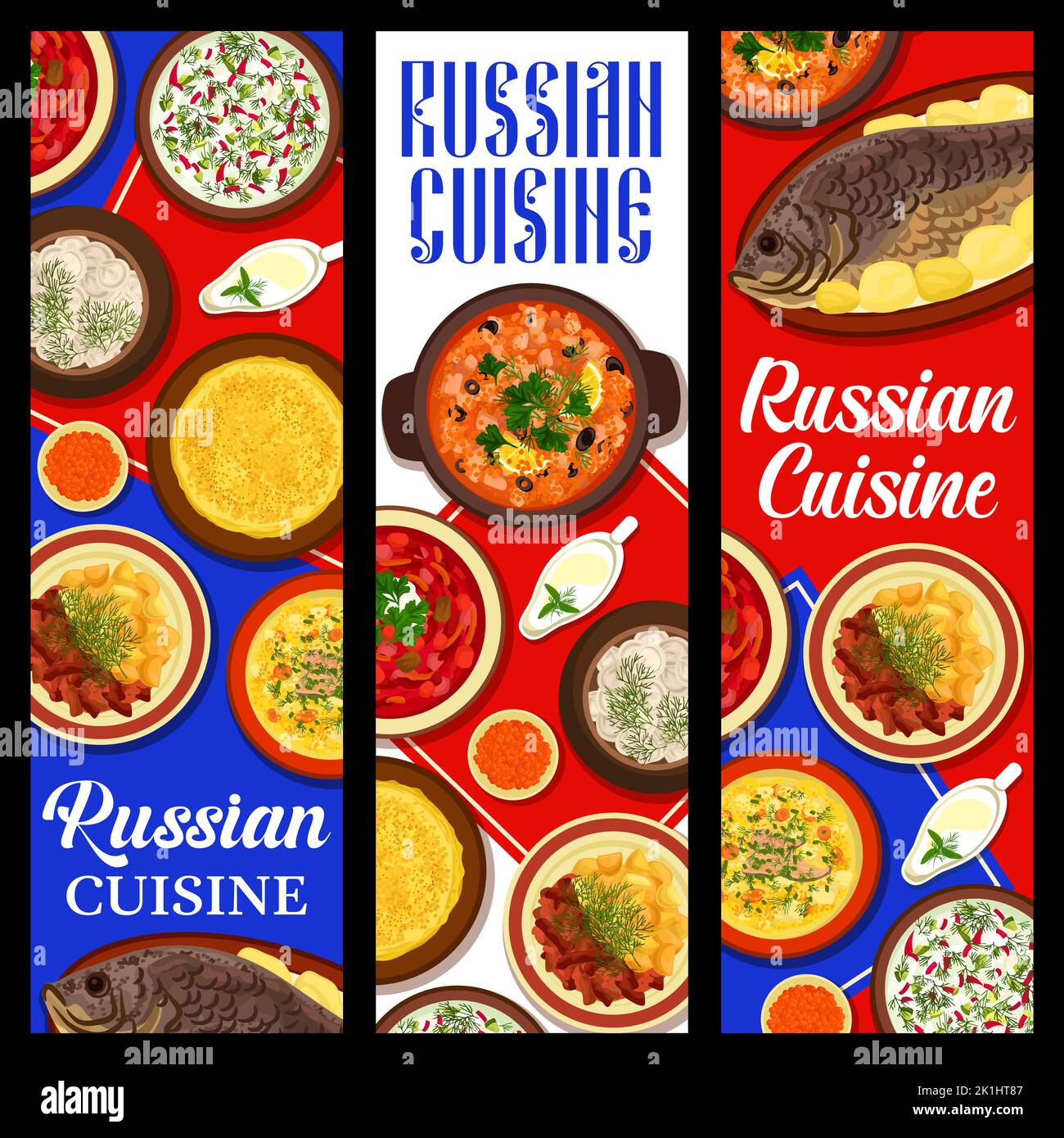 Russian cuisine meals banners, traditional dishes and food of Russia ...