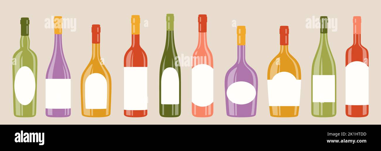Alcohol beverages bottle different shapes and empty label set. Various ...