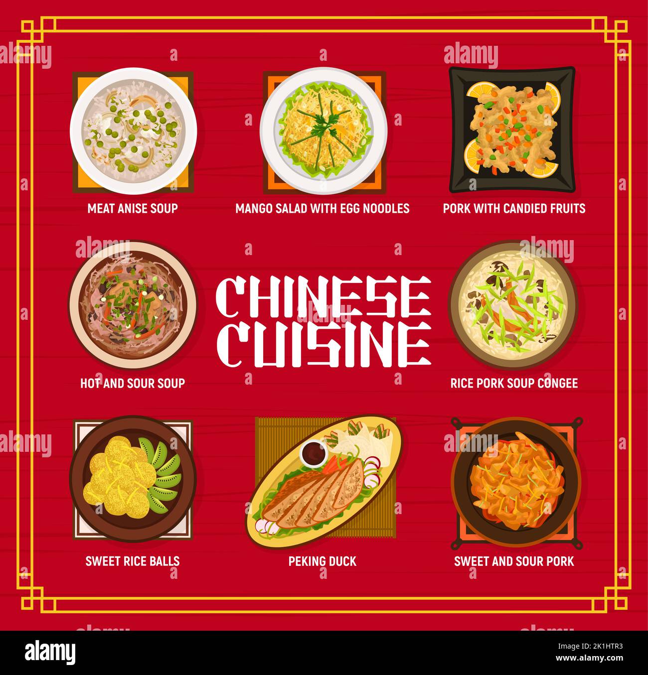 Chinese cuisine restaurant menu. Meat anise soup, rice balls and rice ...