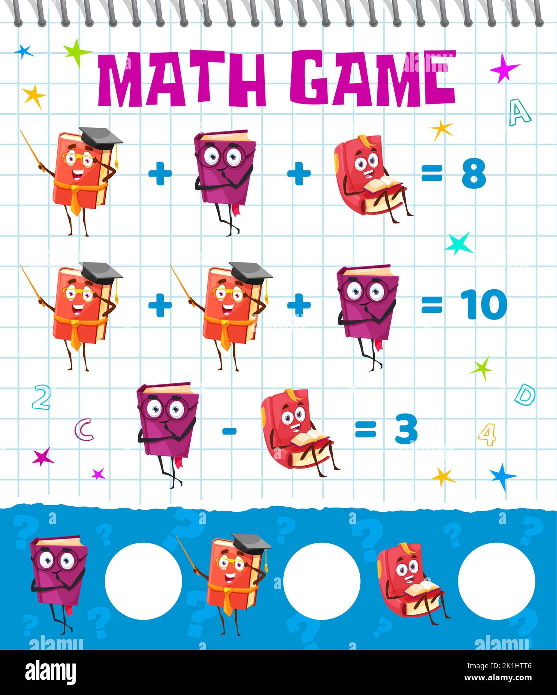 Cartoon textbooks and encyclopedia characters. Math game worksheet ...