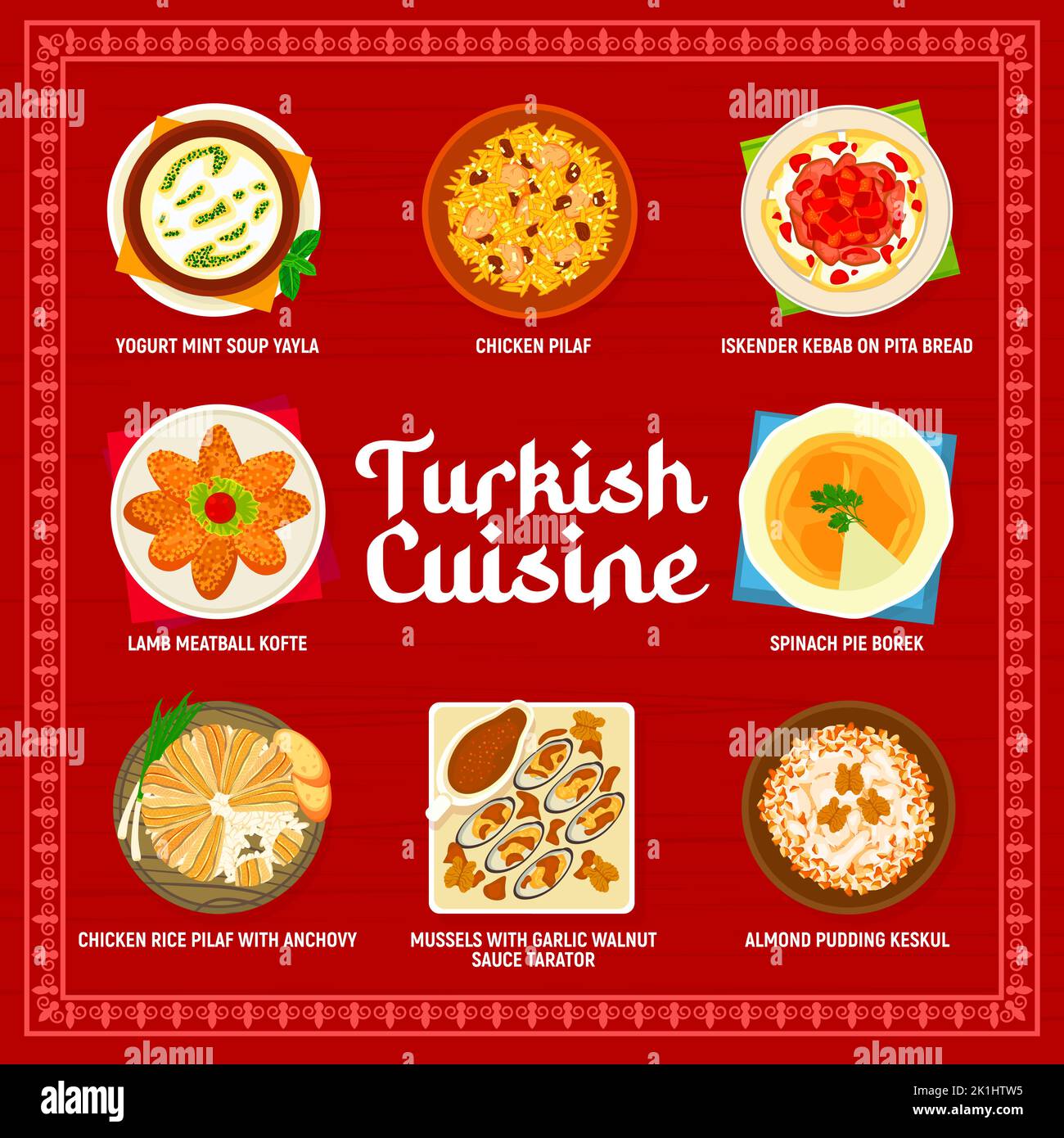 Turkish cuisine menu food and restaurant meals, vector Turkey kebab ...