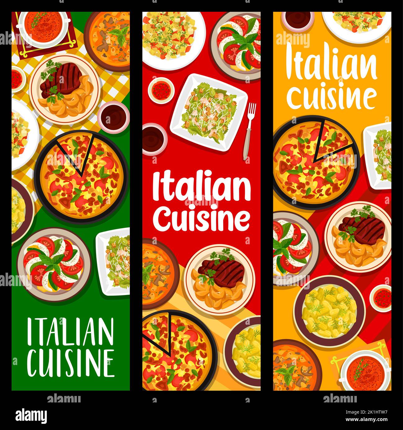 Italian cuisine food banners. Florentine beef steak, soup Minestrone ...