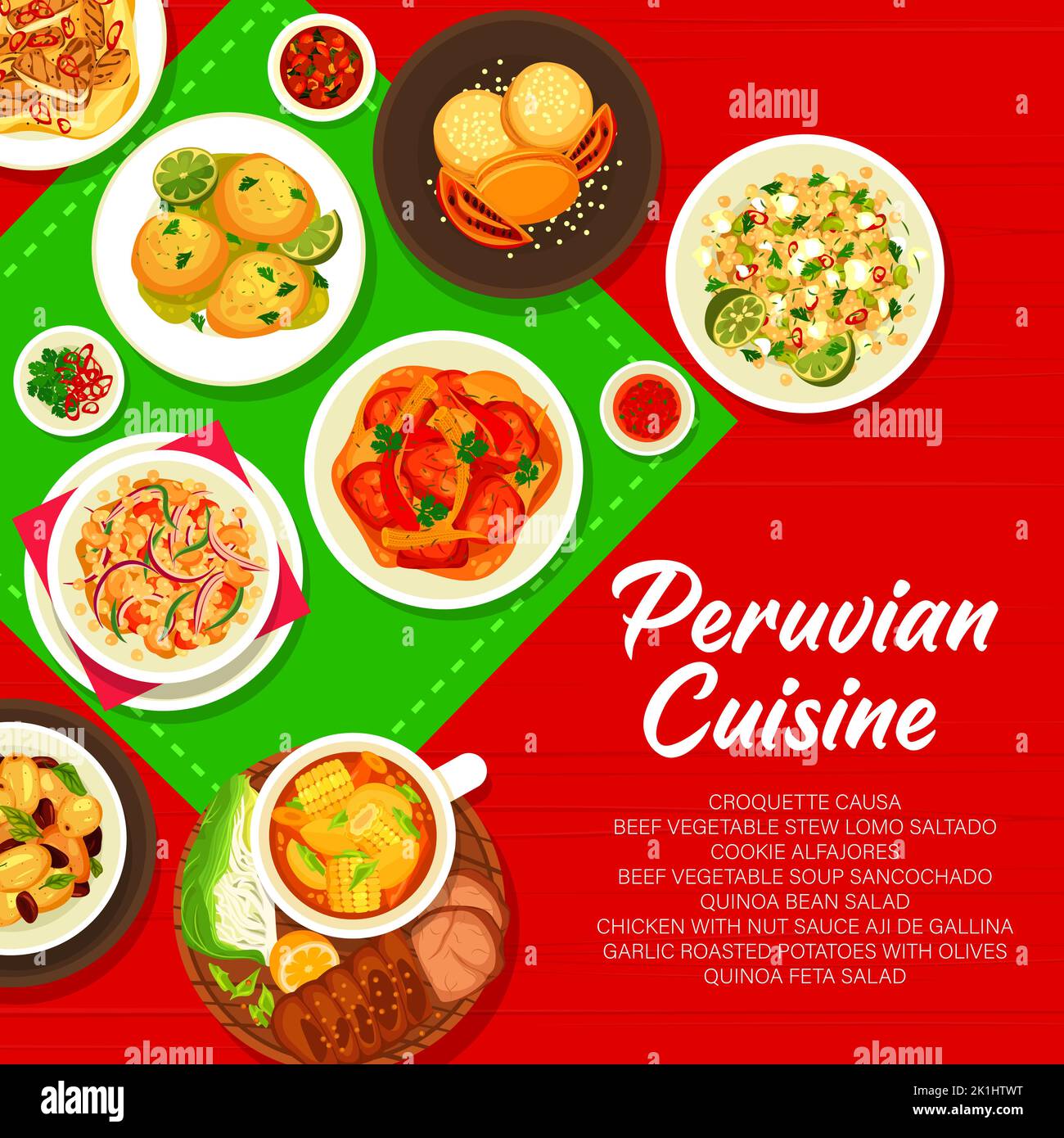 Peruvian cuisine menu cover page. Cookie Alfajores, quinoa feta salad ...