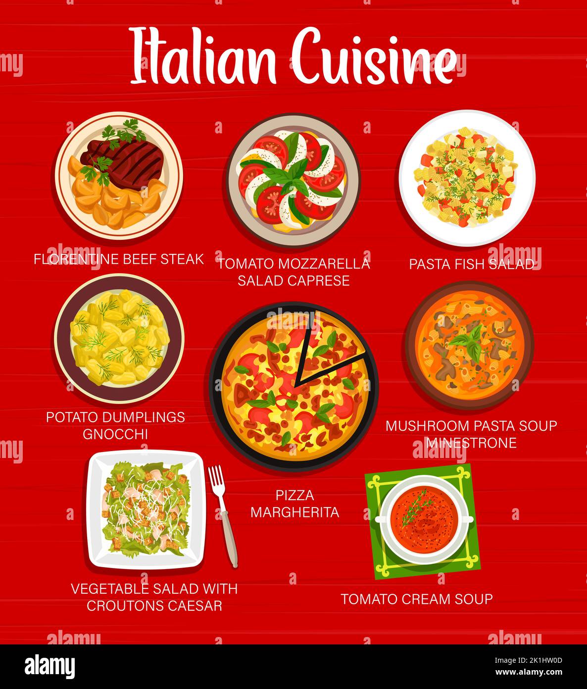Italian cuisine meals menu template. Florentine beef steak, salad with ...