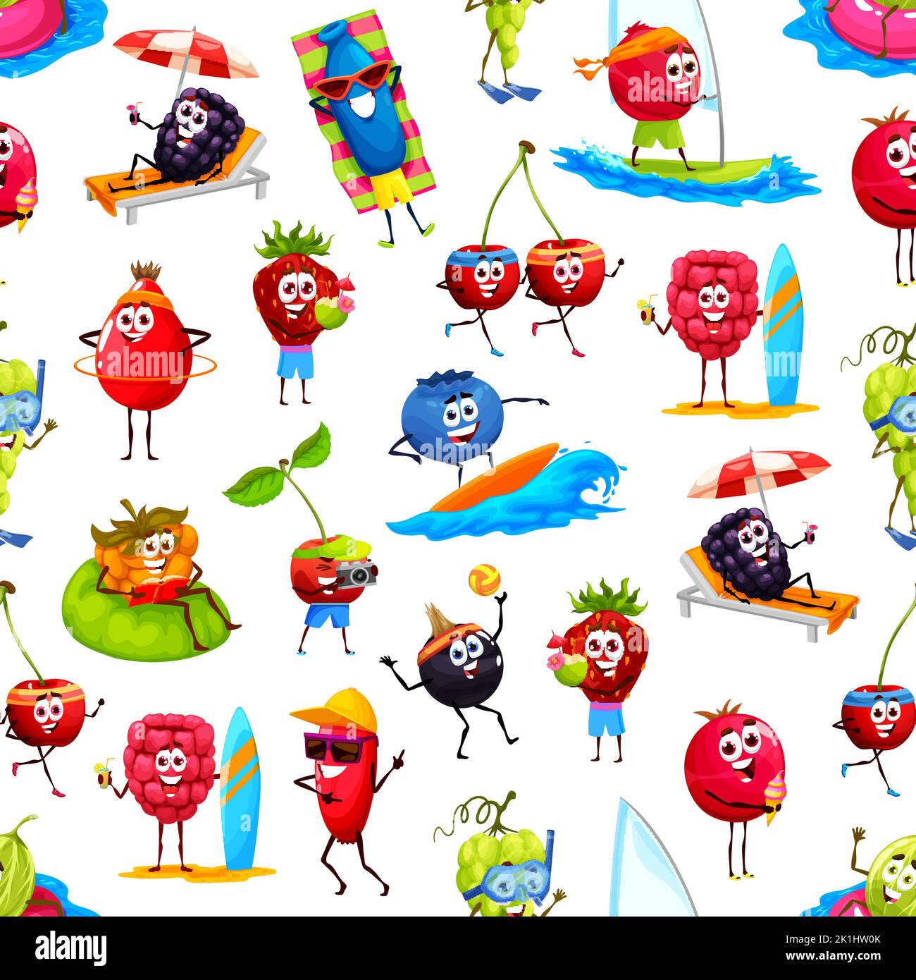 Cartoon berries on summer vacation. Funny characters seamless pattern ...