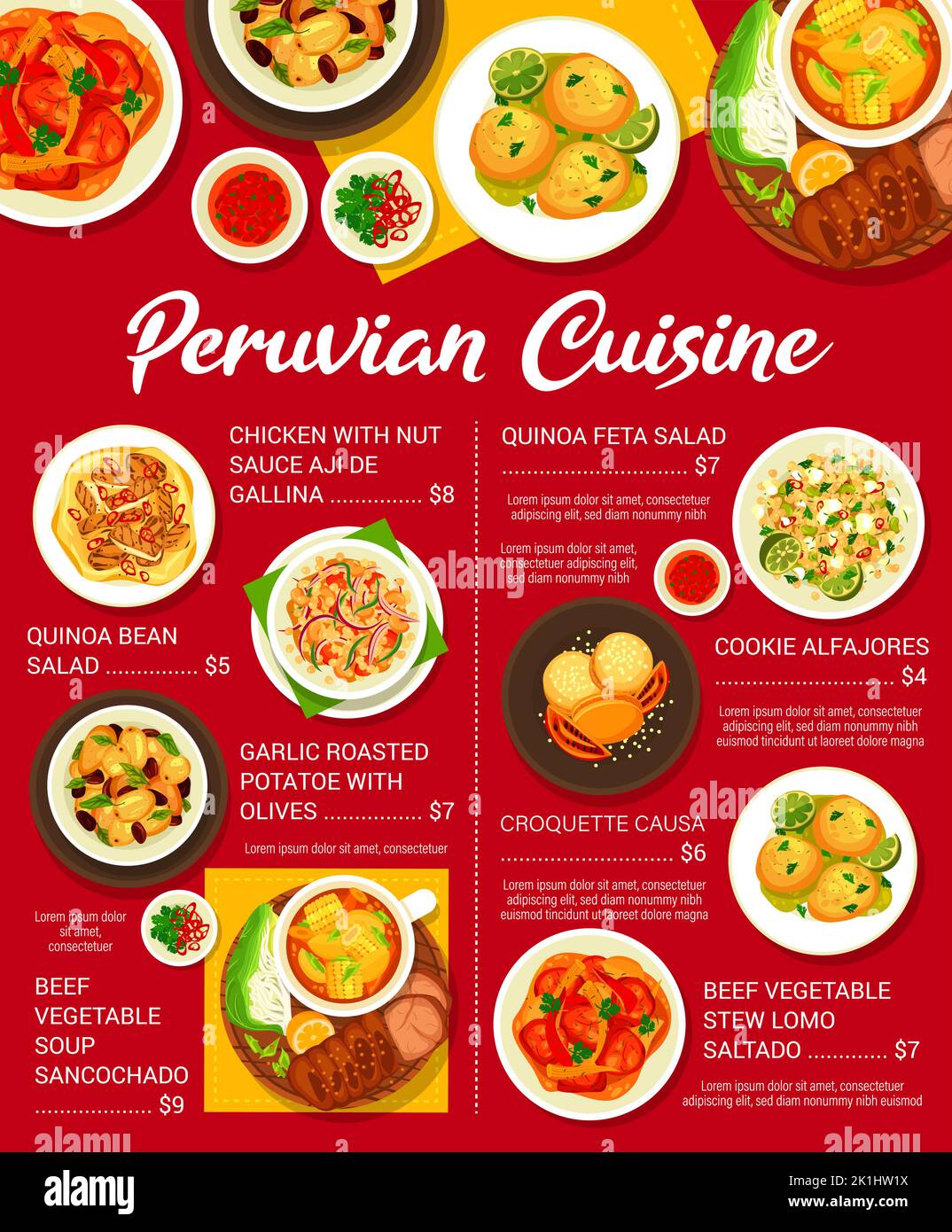Peruvian cuisine food menu. Chicken with sauce Aji de Gallina, cookie ...