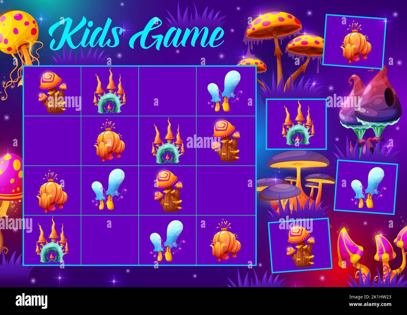 Cartoon magic luminous mushrooms. Sudoku kids game worksheet. Children ...