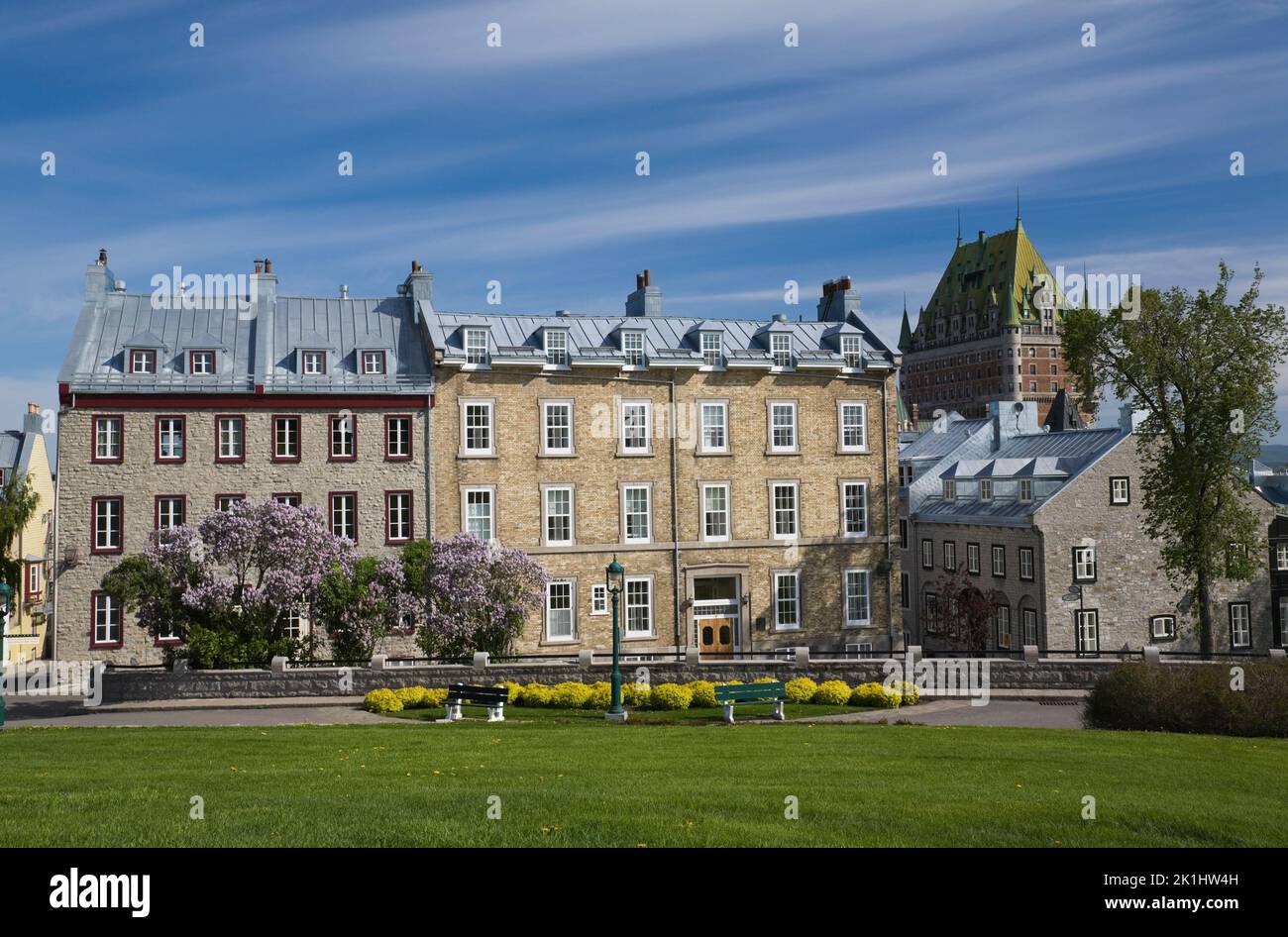 Old historical buildings on Ave. Saint-Denis and Chateau Frontenac in ...