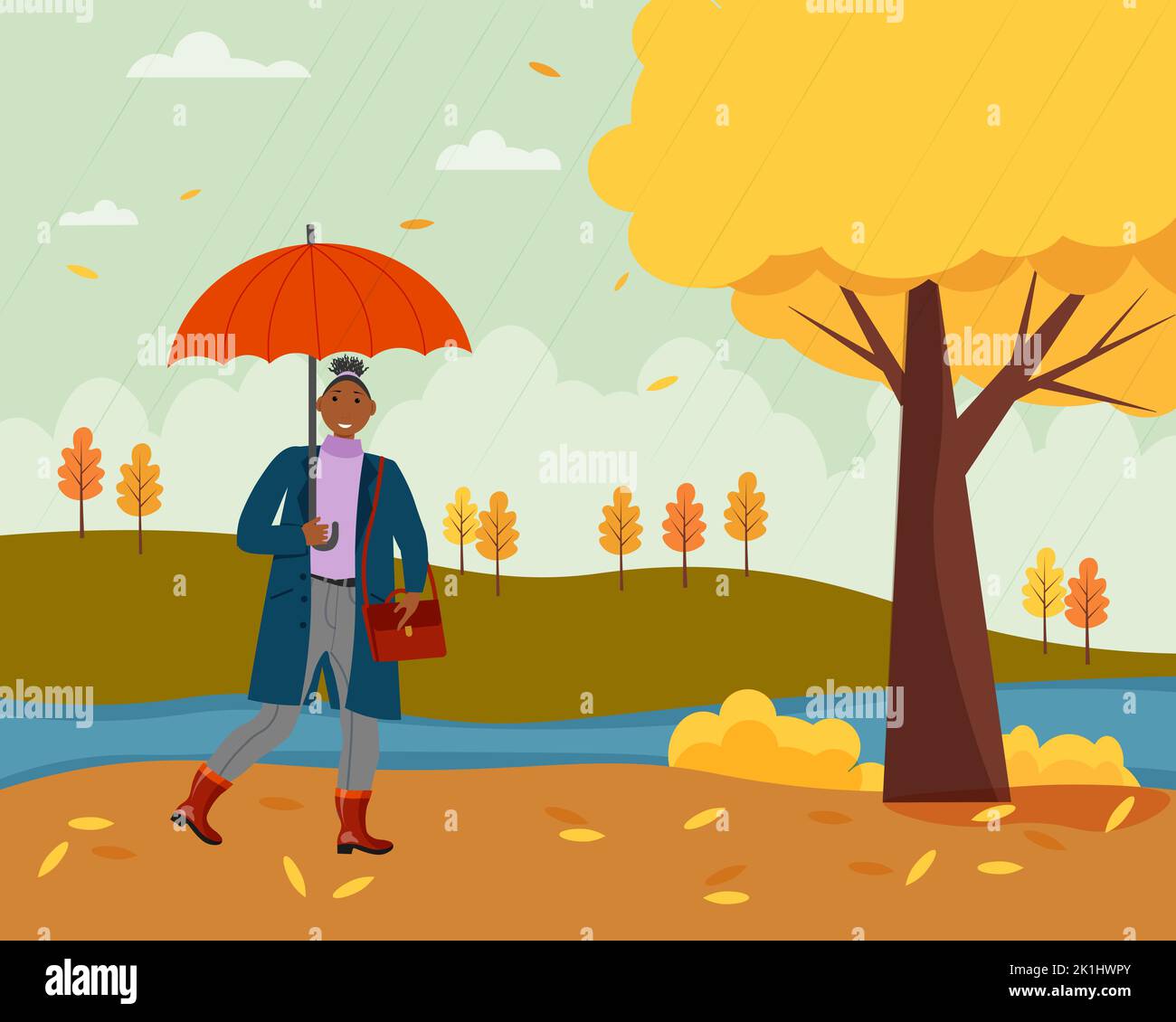 The girl walks under an umbrella in the park. Autumn illustration ...