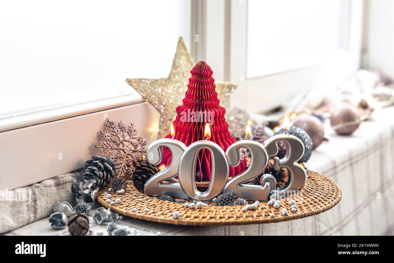 Christmas background with decorative candles 2023 and decor details ...