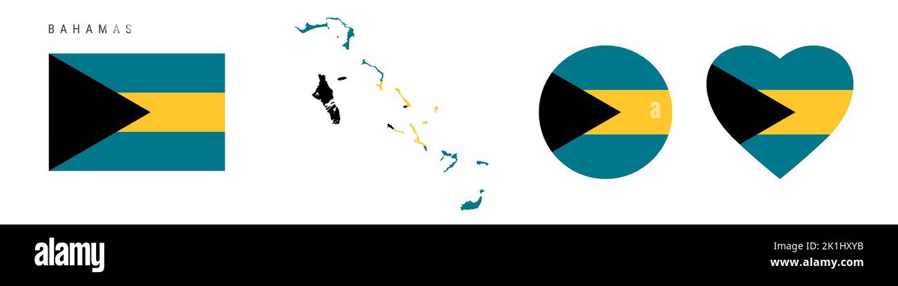 Bahamas flag icon set. Bahamian pennant in official colors and proportions. Rectangular, map ...