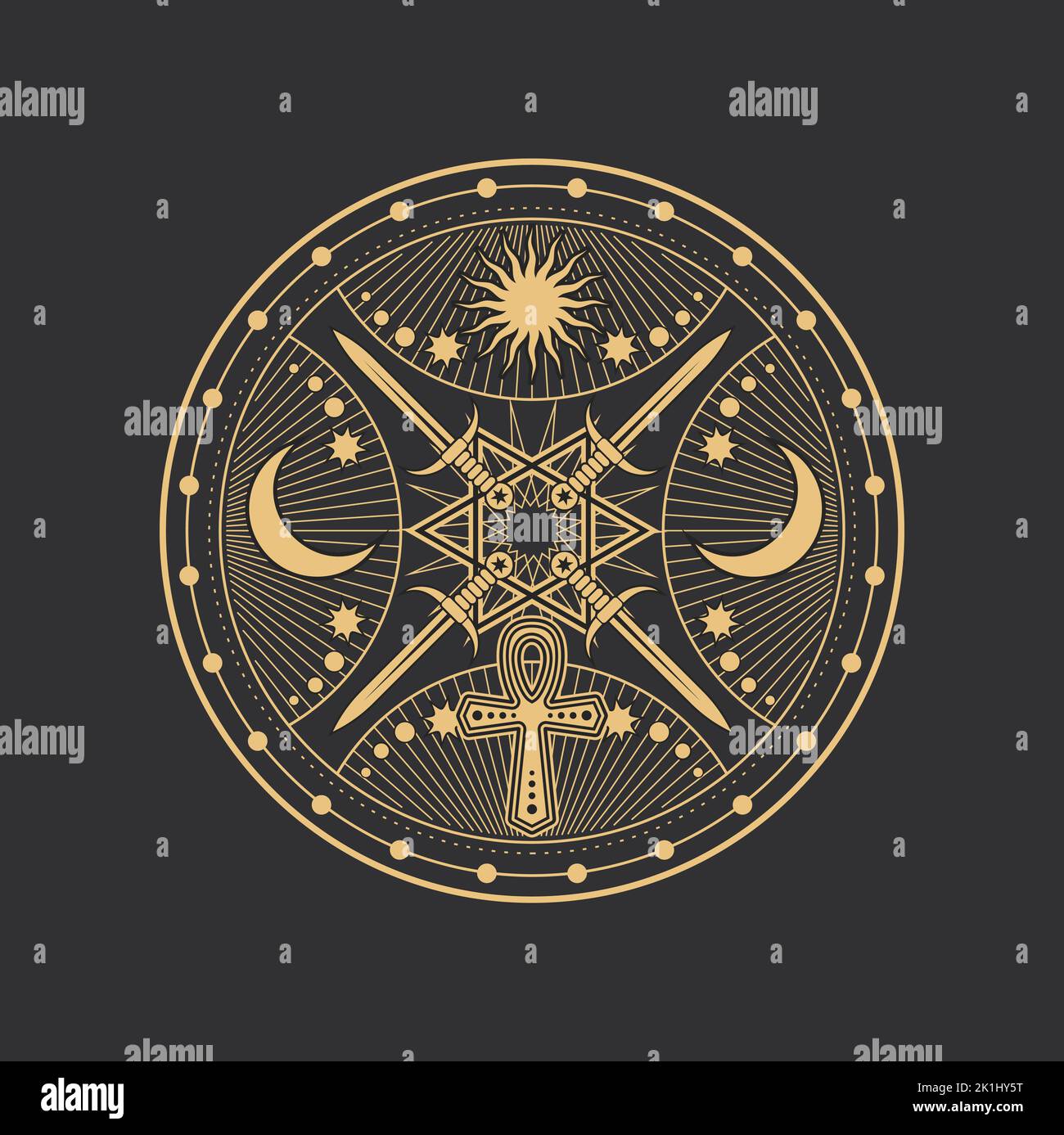 Occult Esoteric Pentagram Magic Tarot Ankh Symbol With Swords Vector