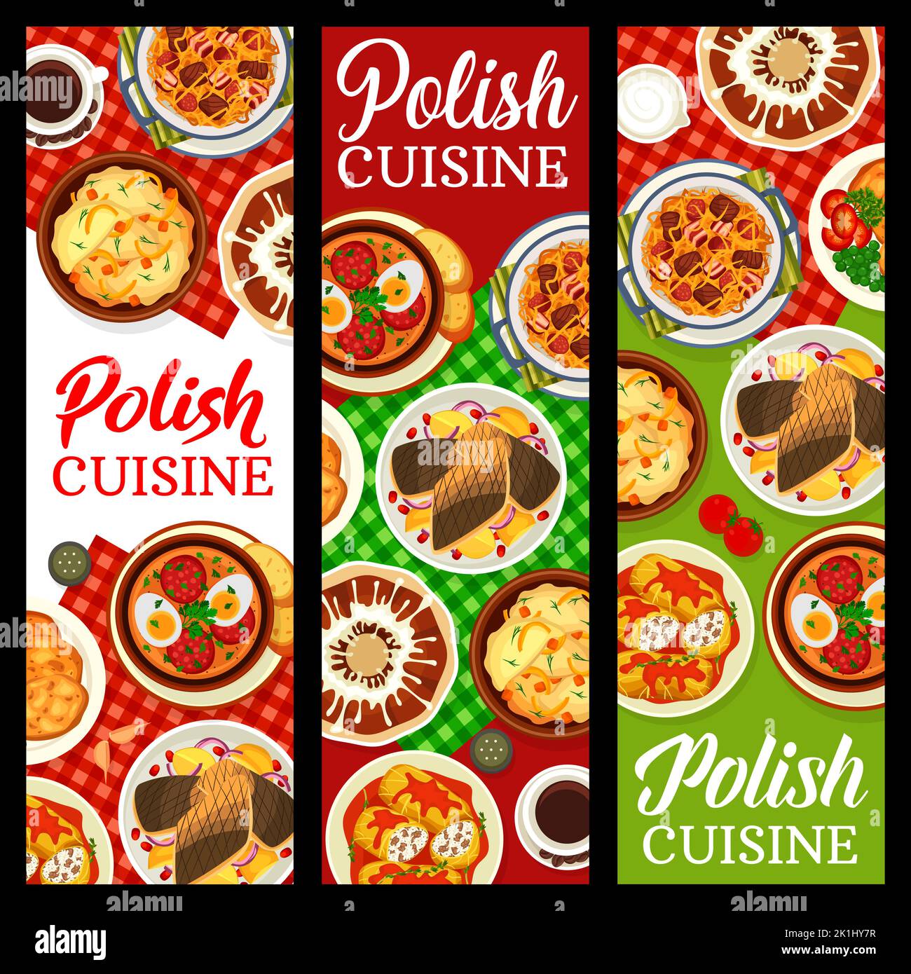 Polish cuisine restaurant dishes banners. Soup Bialy Barszcz, stuffed ...