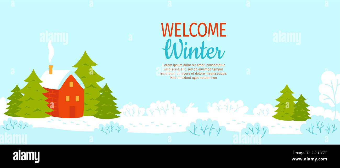 Welcome winter banner with house and tree. Wintertime holiday postcard ...