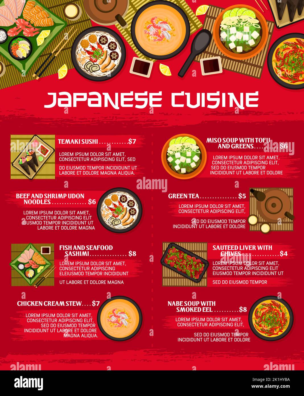 Japanese cuisine menu, vector chicken cream stew, temaki sushi, miso ...