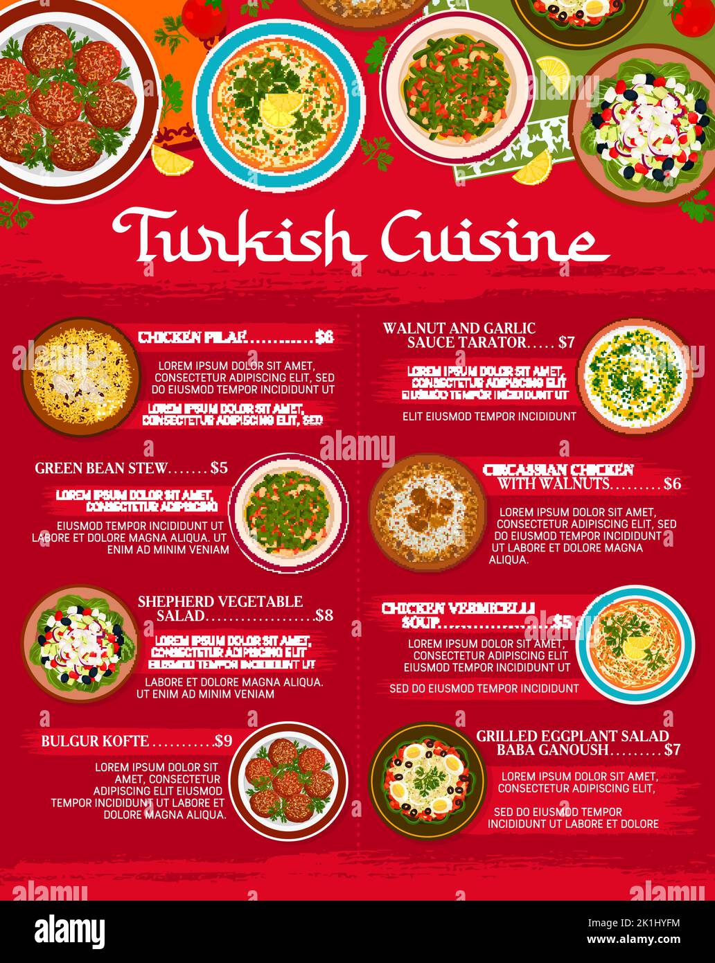 Turkish cuisine food menu page. Circassian chicken, chicken pilaf and ...