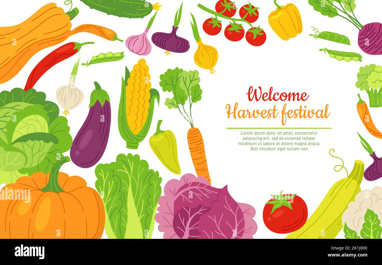 Harvest Festival welcome banner with cartoon vegetables background ...