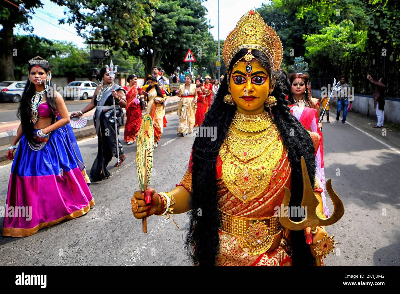 Kolkata, India. 18th Sep, 2022. A model dressed as Hindu deity Durga ...