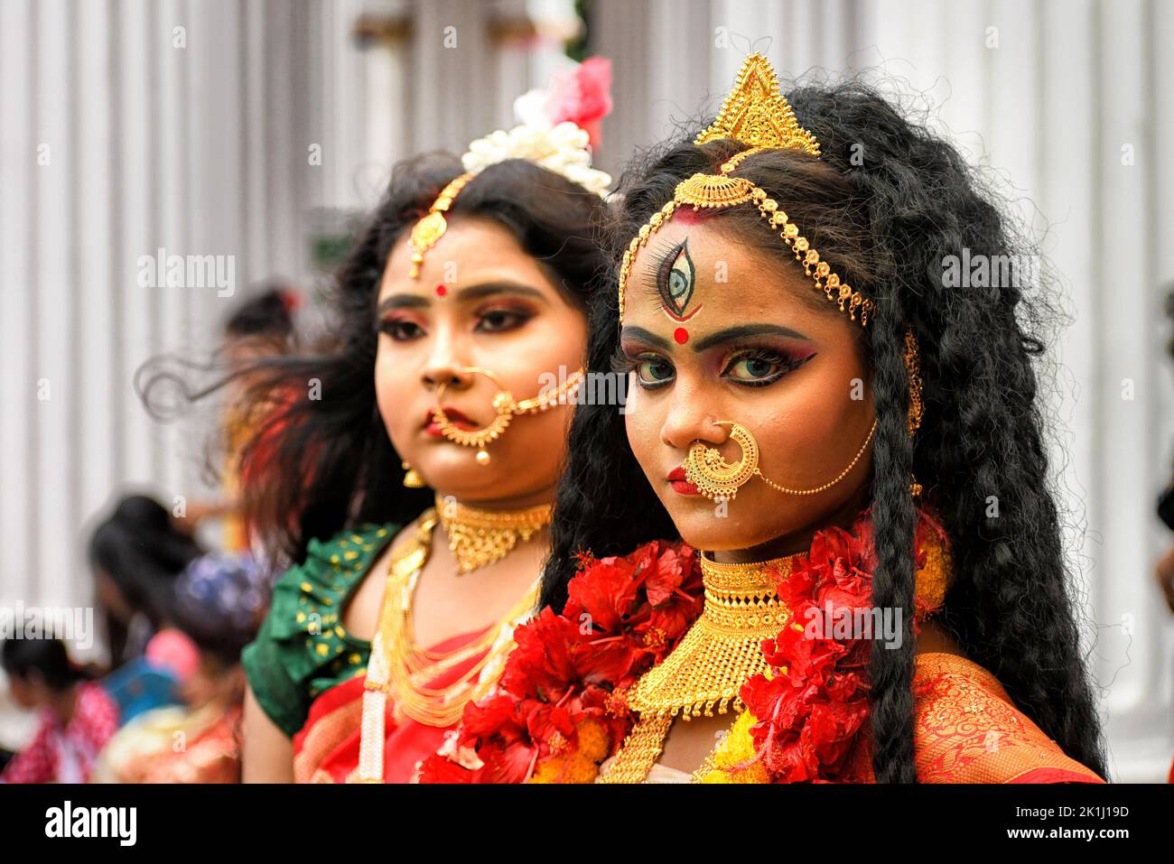 Kolkata, India. 18th Sep, 2022. Models dressed as Hindu deity Durga ...
