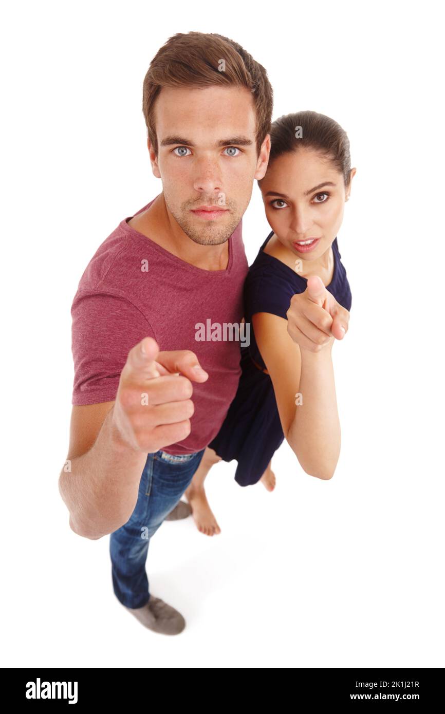 Try To Resist Pressing The Button High Angle Shot Of An Attractive Couple Pointing Upwards