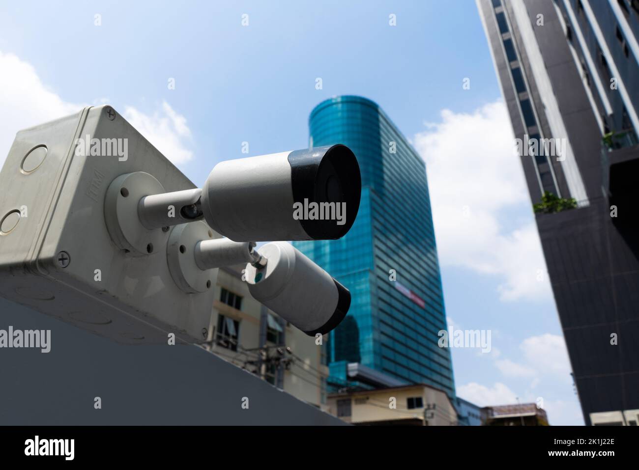 CCTV camera background with copy space. Outdoor CCTV watching camera ...