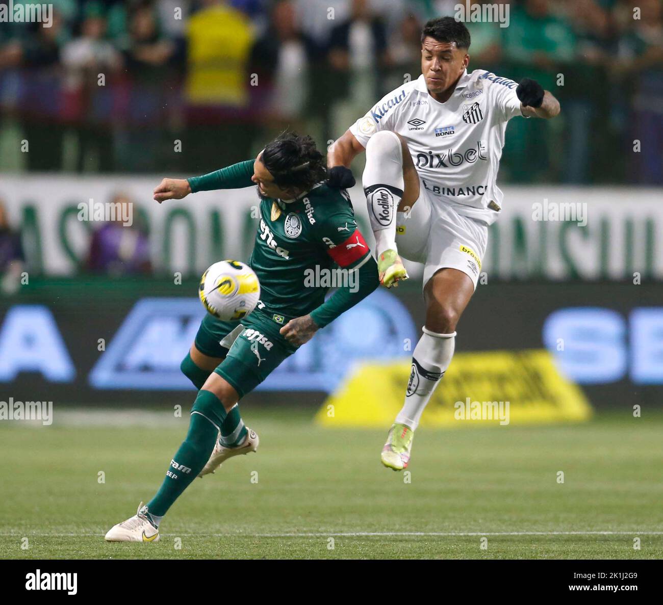 Sao Paulo, Brazil. 18th Sep, 2022. Marcos Leonardo and Gustavo Gomez during a game between ...