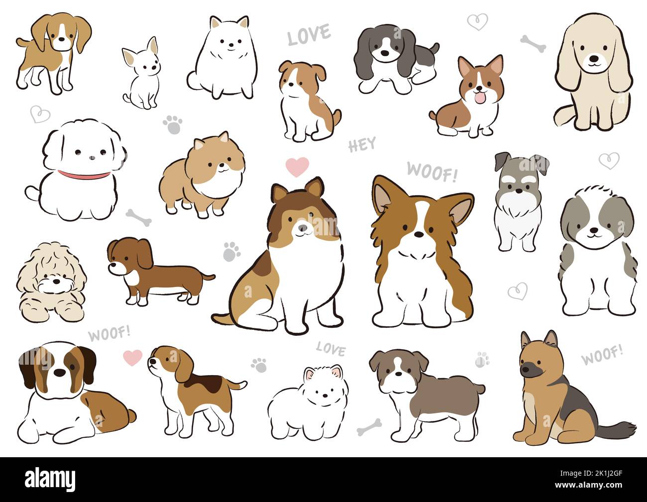Set Of Hand-Drawn Cute Cartoonish Dogs Isolated On A White Background ...