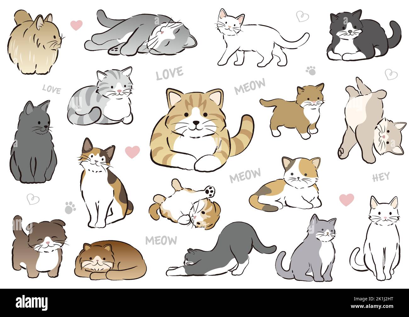 Set Of Hand-Drawn Cute Cartoonish Cats Isolated On A White Background ...