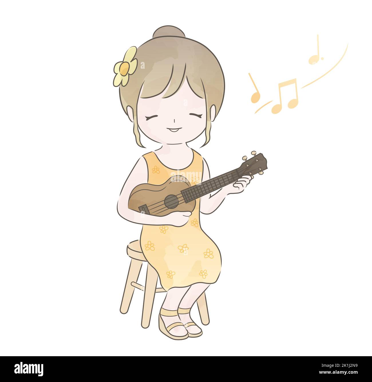 Watercolor Cute Girl Playing The Ukulele Vector Illustration Isolated