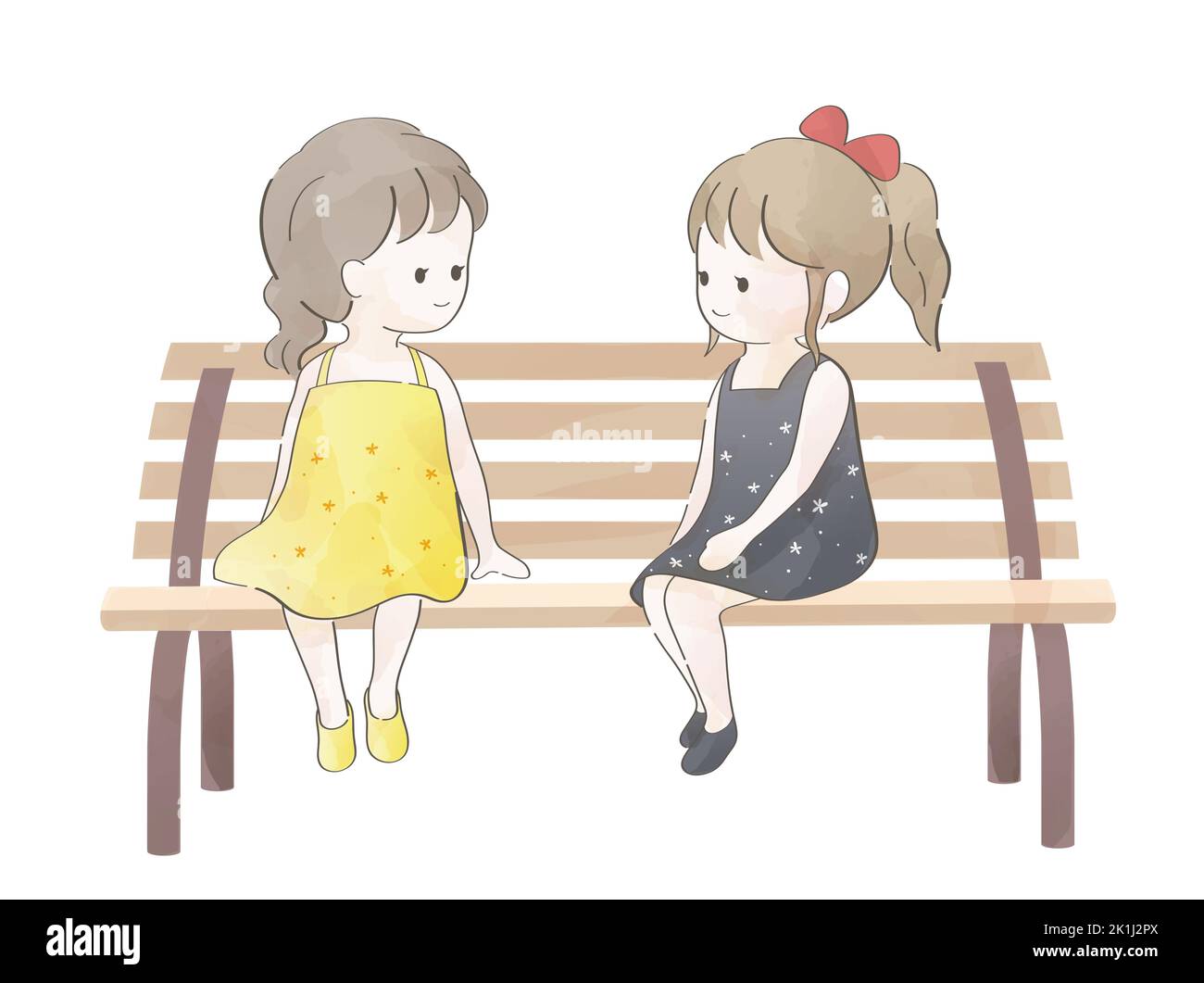 Watercolor Cute Girls Sitting On A Bench And Chatting. Vector ...