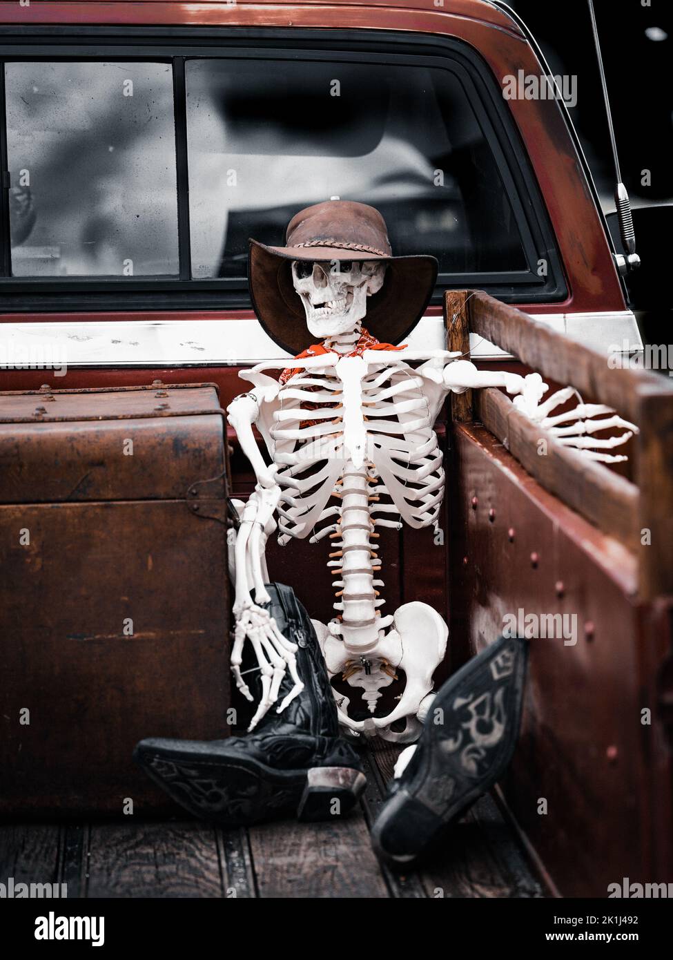 A vertical shot of a skeleton with a hat in the back of a classic ...