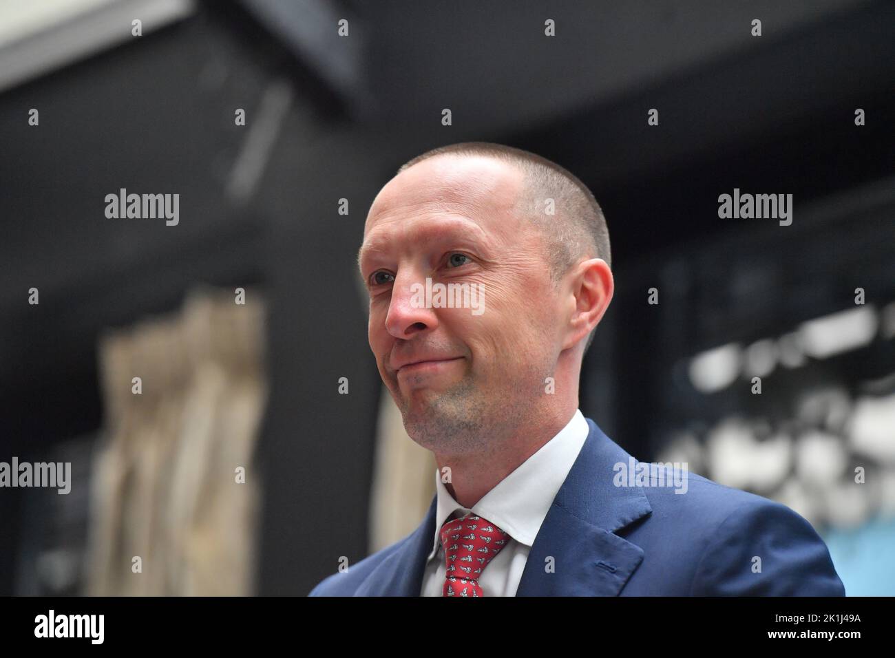 Moscow. The founder and the president of Sinergiya corporation Vadim Lobov during the press ...