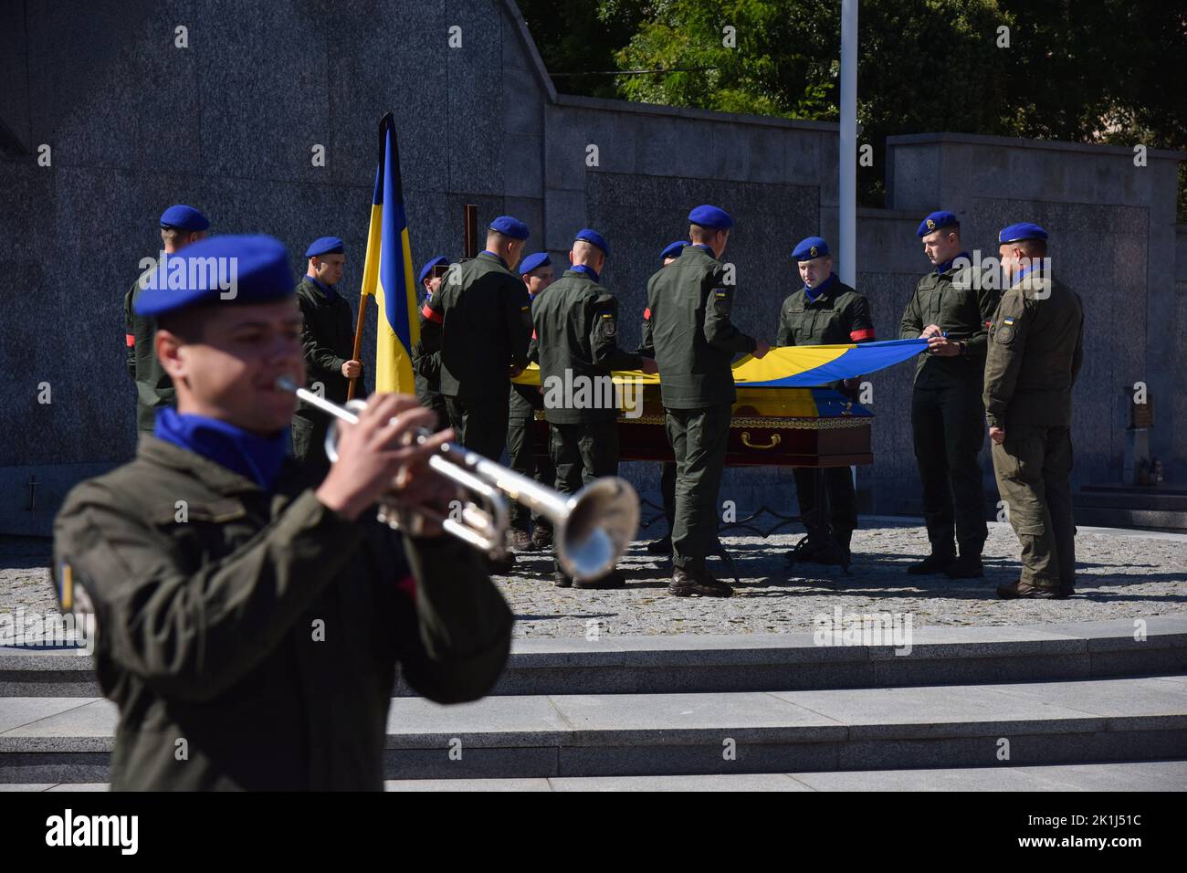 A member of the military band of the National Guard of Ukraine plays ...