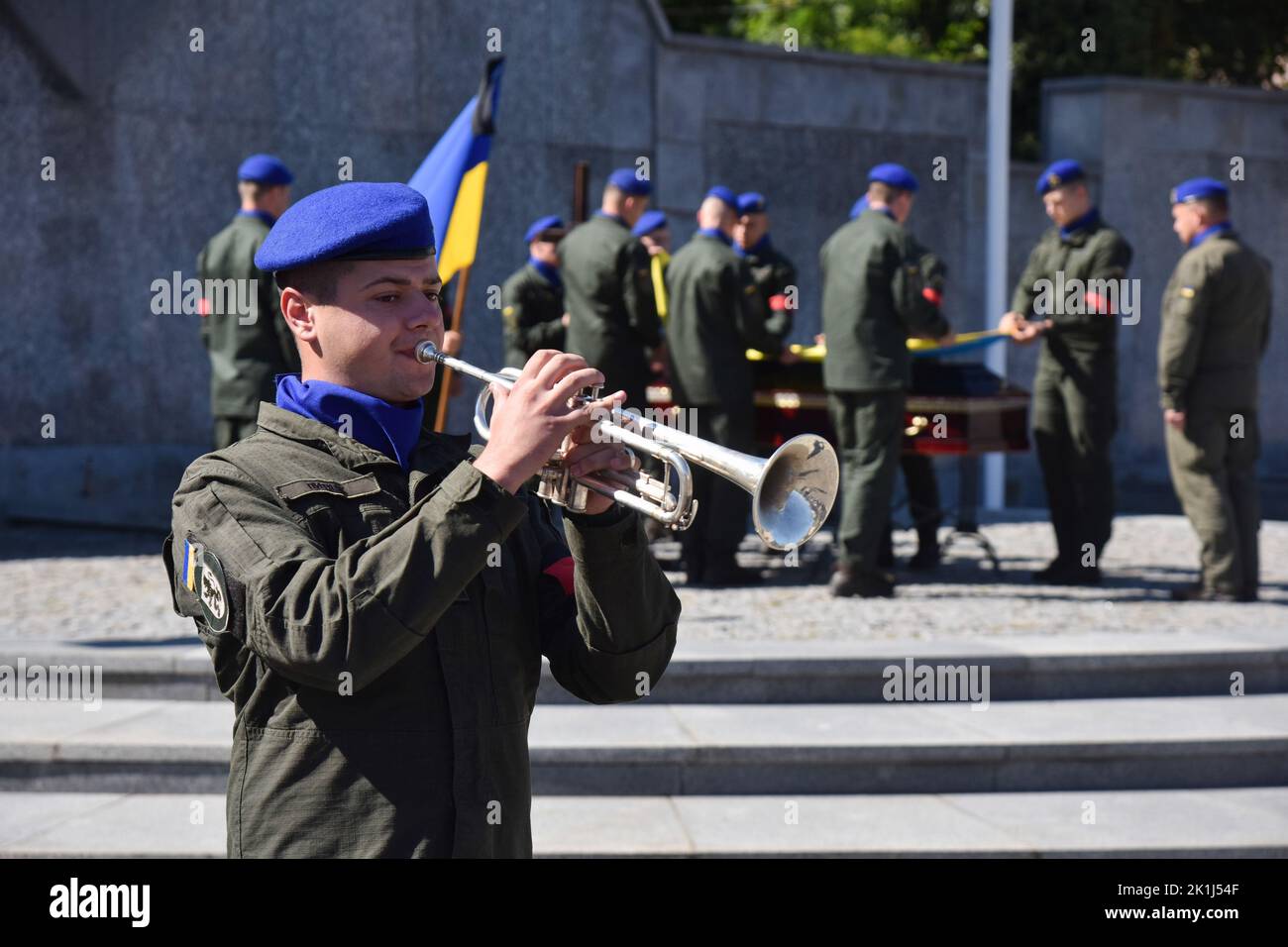 A member of the military band of the National Guard of Ukraine plays ...