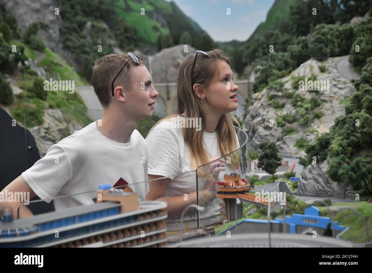 Moscow. Visitors in the Museum diorama 'Tsar model' in which the most ...