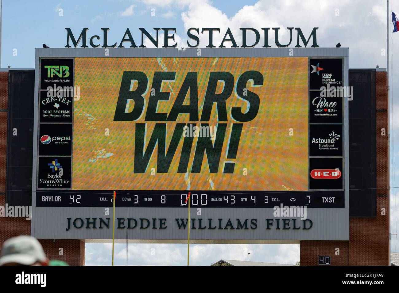 The McLane Stadium scoreboard showing the Baylor Bears defeated the ...