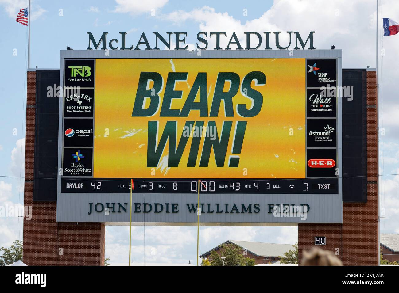 The McLane Stadium scoreboard showing the Baylor Bears defeated the ...