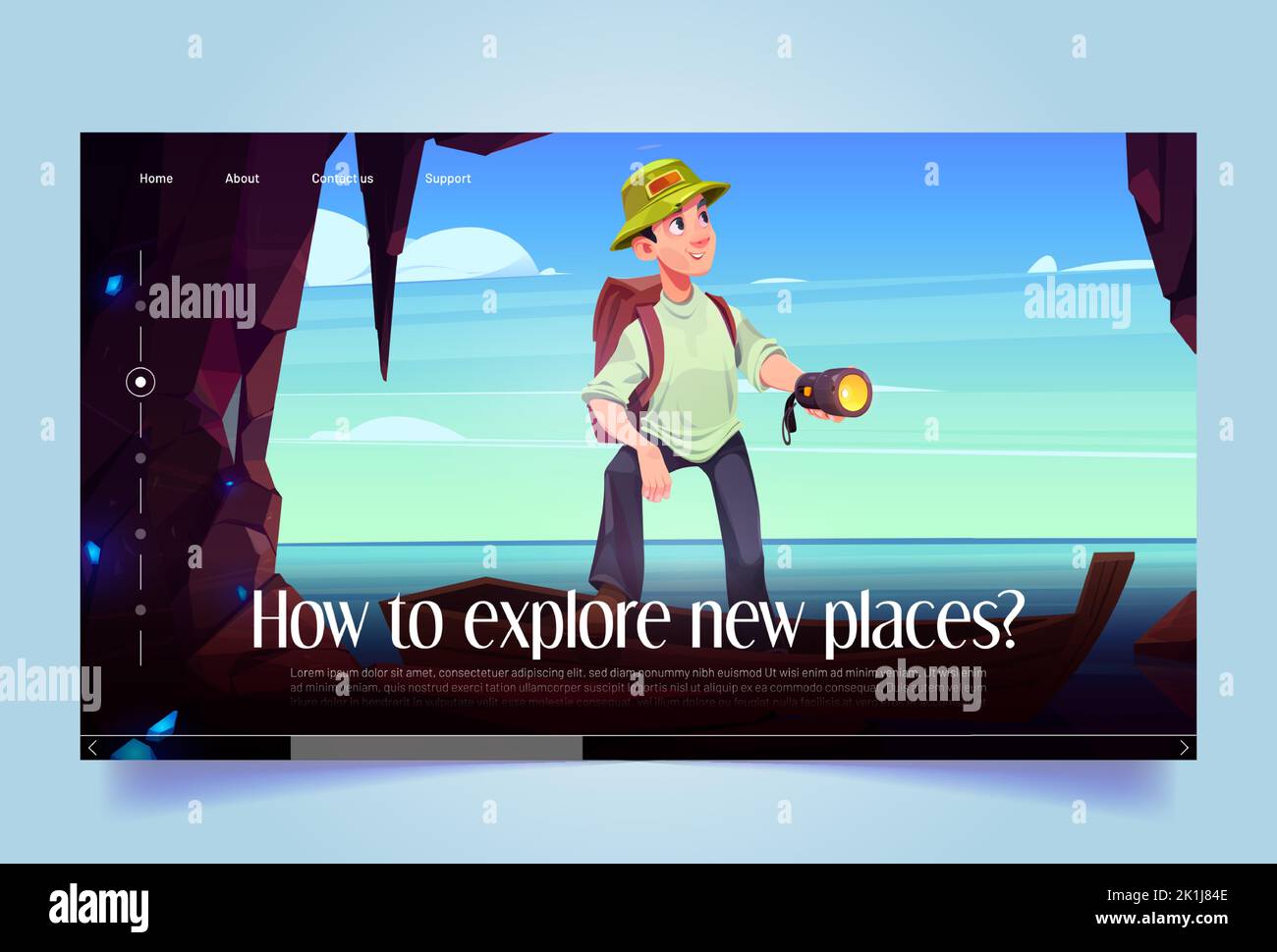 Traveler explore new places cartoon landing page. Tourist man with ...