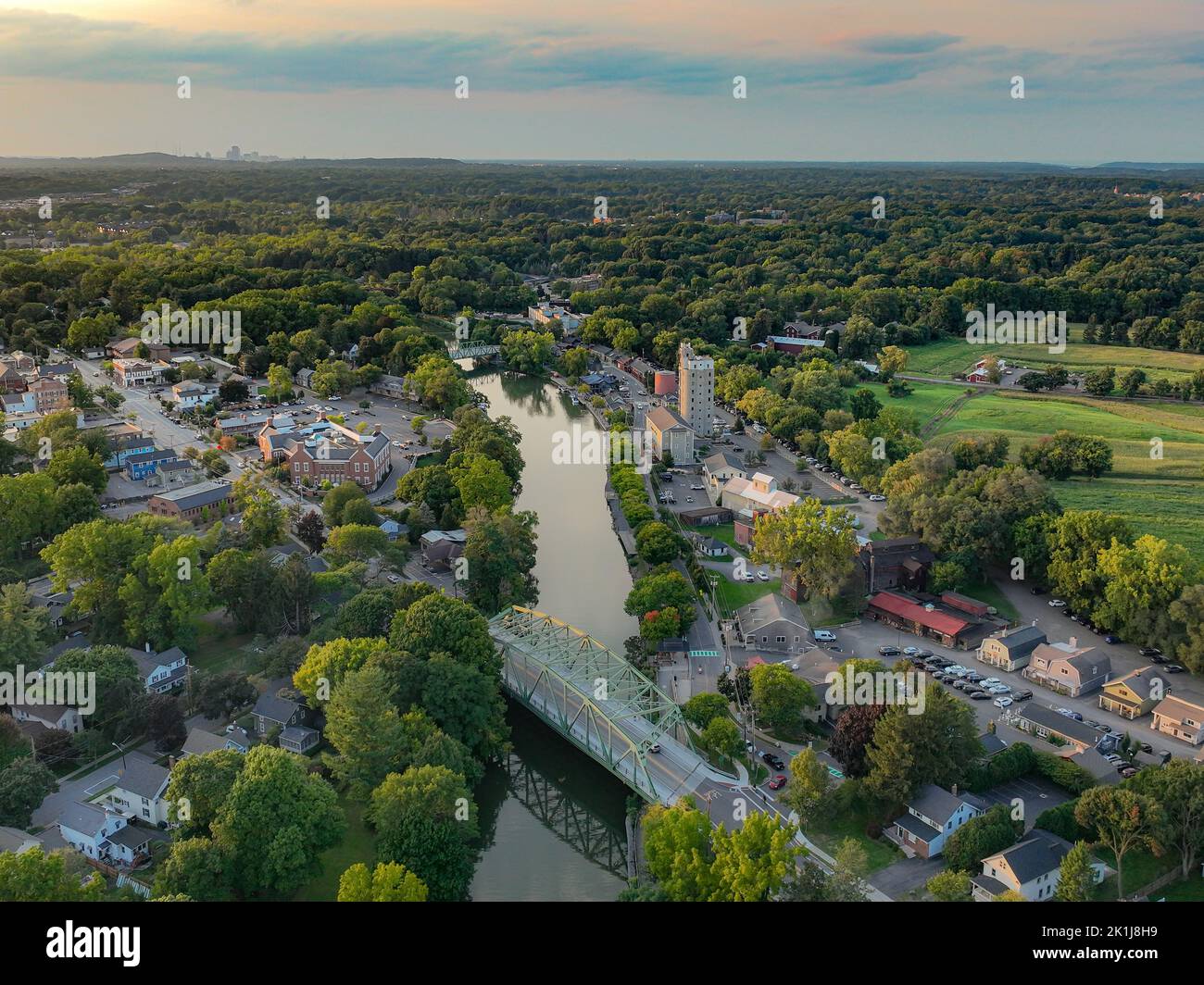 Early evening aerial photo of Schoen Place and the Erie Canal in the ...