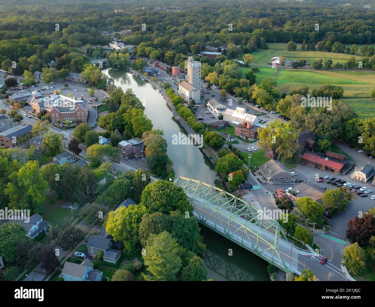 Early evening aerial photo of Schoen Place and the Erie Canal in the ...