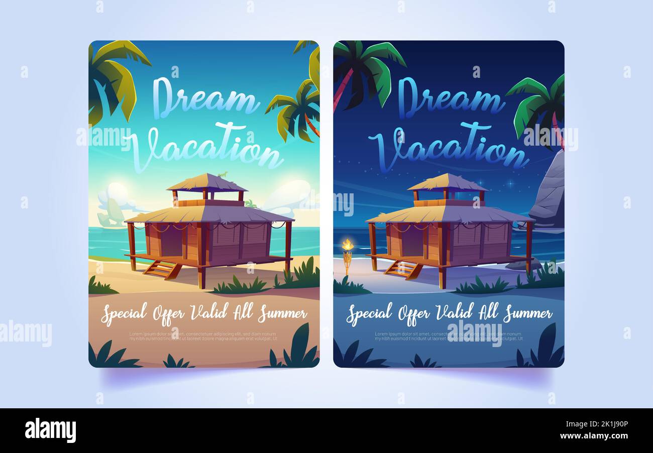 Set of dream vacation banners cartoon illustration. Vector design of ...