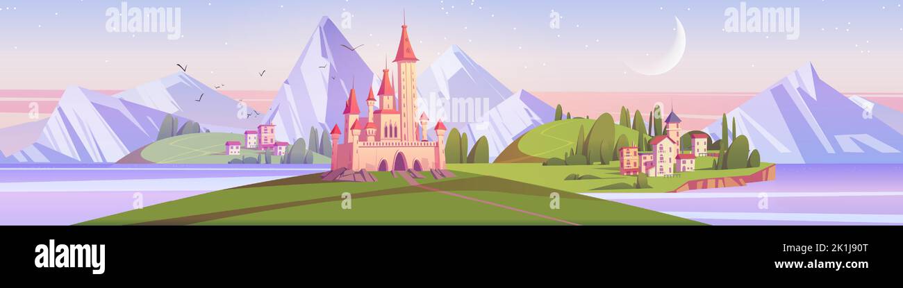 Medieval castle on island in sea at early morning. Summer mediterranean ...