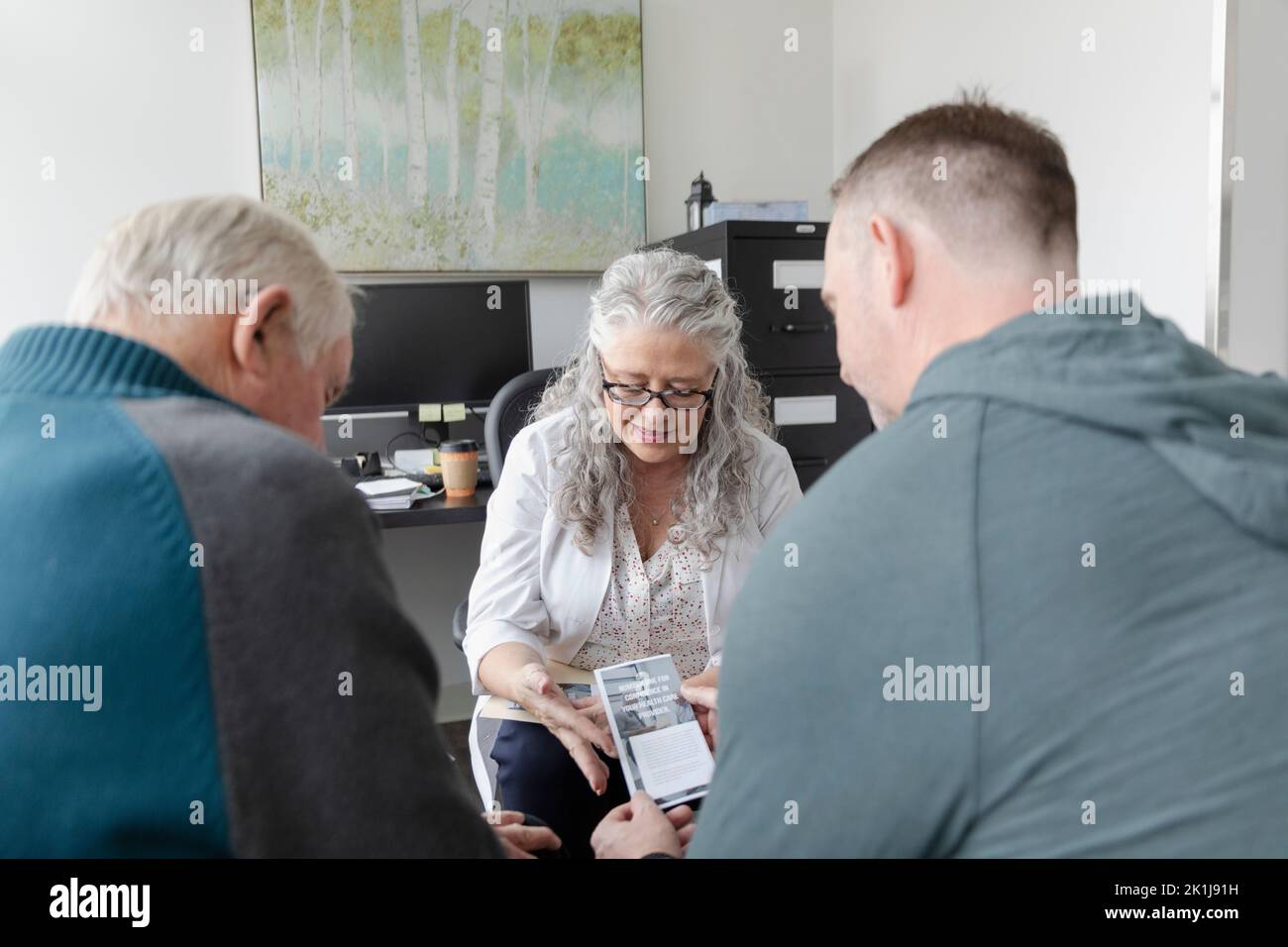 Medical consultant showing information leaflet to patient Stock Photo ...