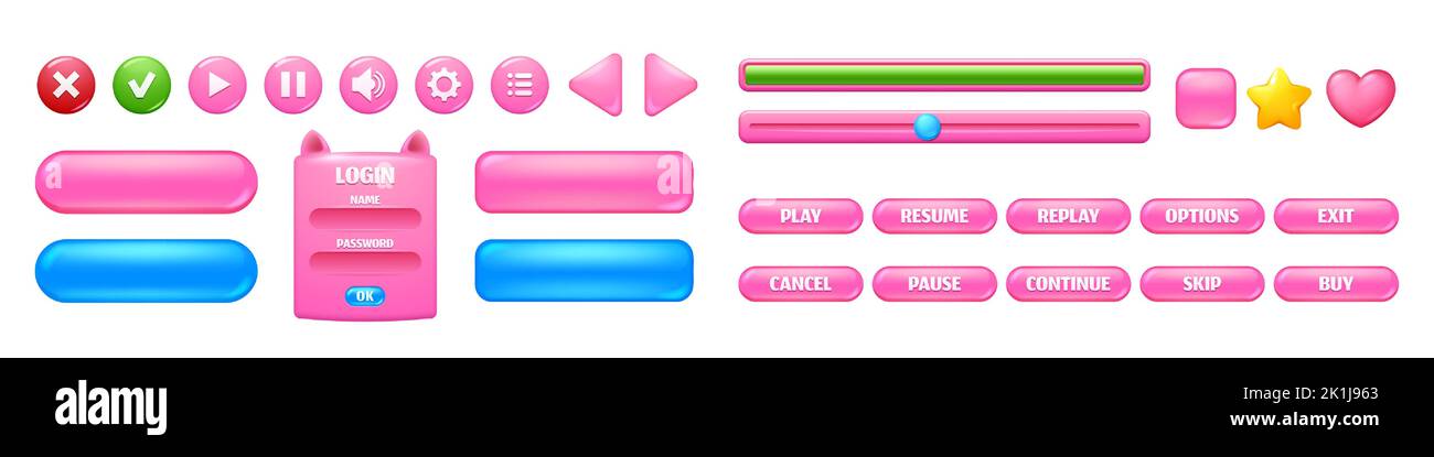 Game menu interface, pink and blue glossy ui buttons, progress bars, girlish design gui elements ...