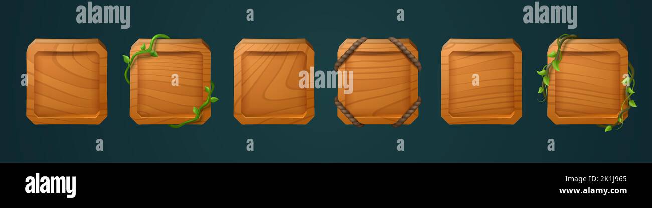 Square wooden frames for game user avatar. Empty boards from brown wood ...